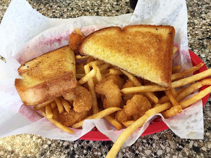 The catch of the day &ndash; on land! This shrimp basket is a crispy, golden treasure chest of flavor that would make even landlubbers set sail.