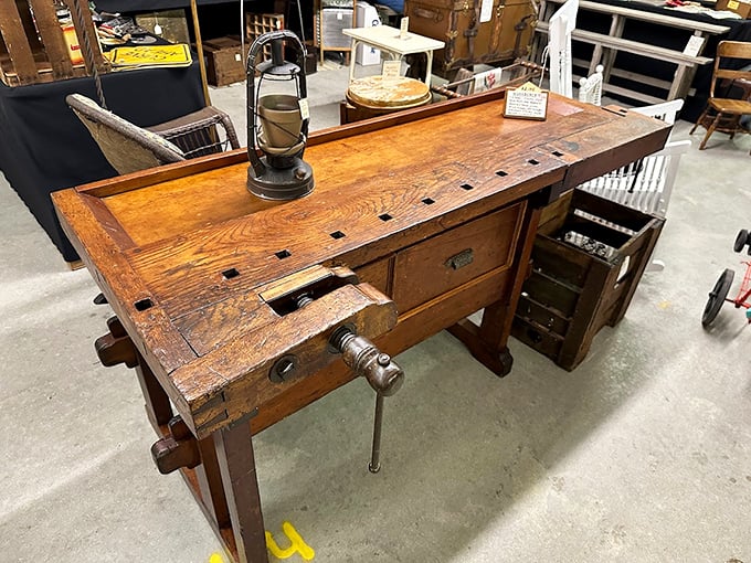 Carpenter's dream or rustic decor enthusiast's delight? This antique workbench has stories etched into every scratch and dent. If only it could talk!