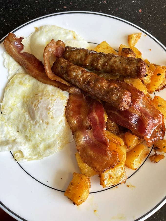 Bacon me crazy! This plate is bringing home the bacon, frying it up in a pan, and serving it with a side of pure happiness.