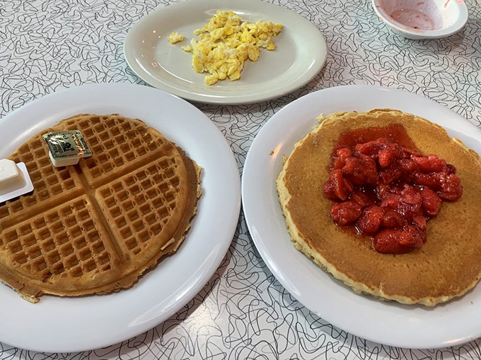 The breakfast of champions... and anyone else who loves starting their day with a smile. Waffles, pancakes, and eggs, oh my!