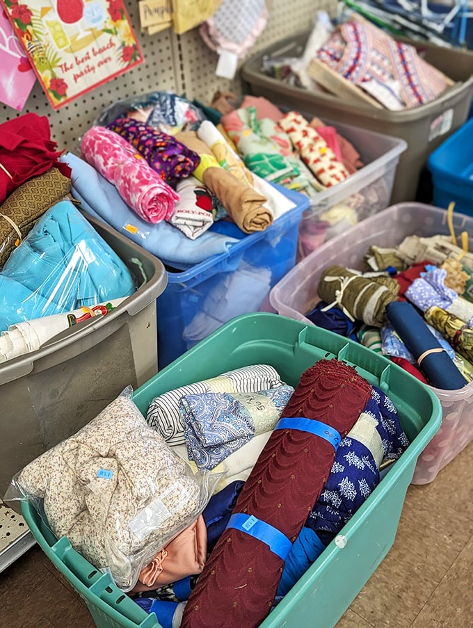 Fabric fantasyland or craft supply heaven? Dive into these bins of textile treasures and emerge with the makings of your next Pinterest-worthy project.