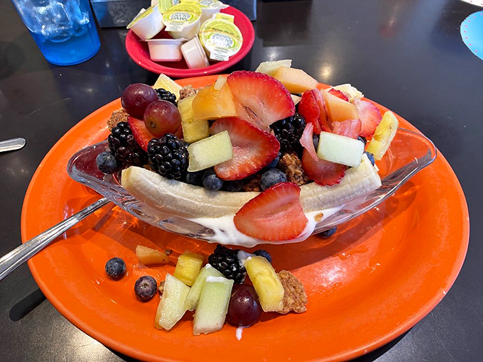 Fruit salad banana split: When your diet and your sweet tooth negotiate a delicious compromise. It's health food in dessert's clothing.