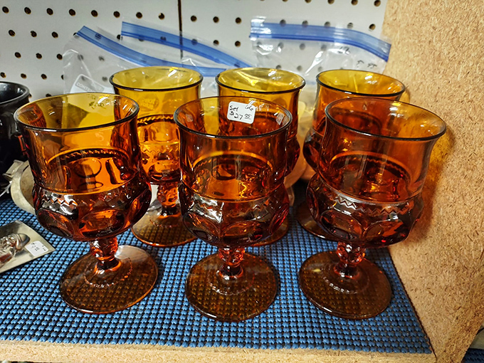 Cheers to vintage vibes! These amber goblets are begging to be filled with your favorite libation and a dash of nostalgia.