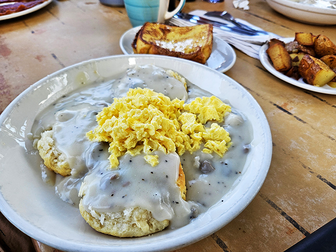 Gravy goals achieved! This plate is so smothered in creamy goodness, it's like a delicious, edible lava flow.