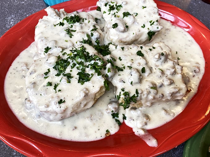 Gravy so good, it should be illegal. These biscuits are swimming in a pool of creamy, peppery paradise that would make your grandma jealous.