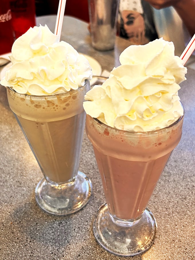 Double trouble! These milkshakes aren't just drinks, they're frothy mountains of joy that'll make your inner child do a happy dance.