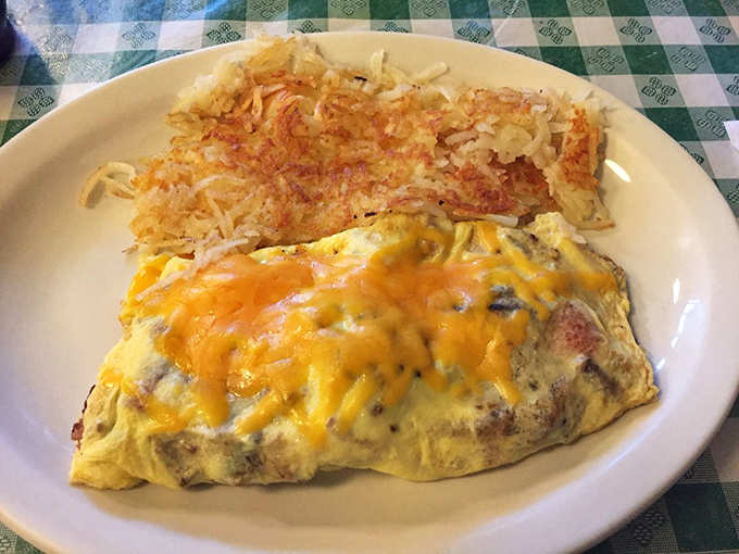 This isn't just an omelette, it's a cheese-covered work of art. The hash browns? They're the crispy, golden frame this masterpiece deserves.