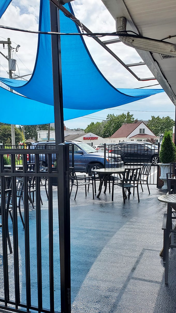 Dine al fresco under a canopy of blue. It's like a beach vacation, minus the sand in your shorts and with 100% more delicious food.