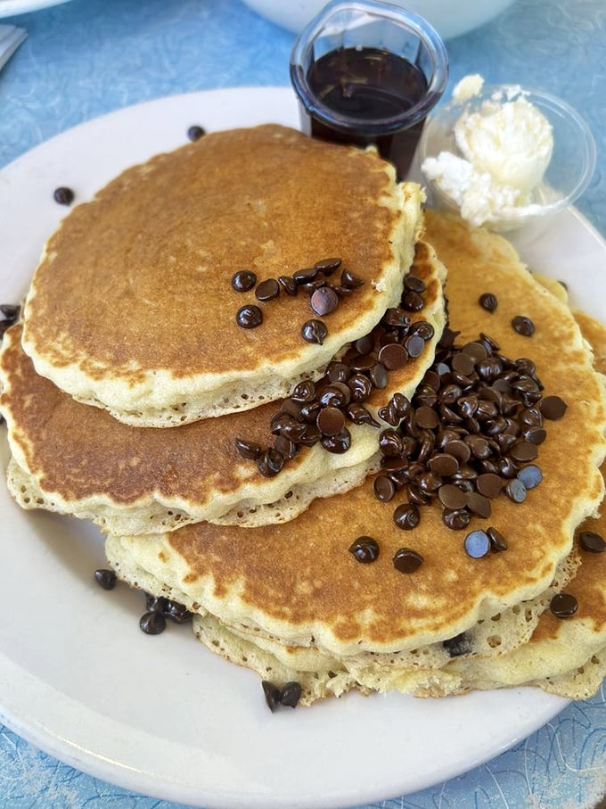 These chocolate chip pancakes don't whisper sweetness&mdash;they declare it proudly with a golden-brown swagger that says "Yes, this is breakfast candy."