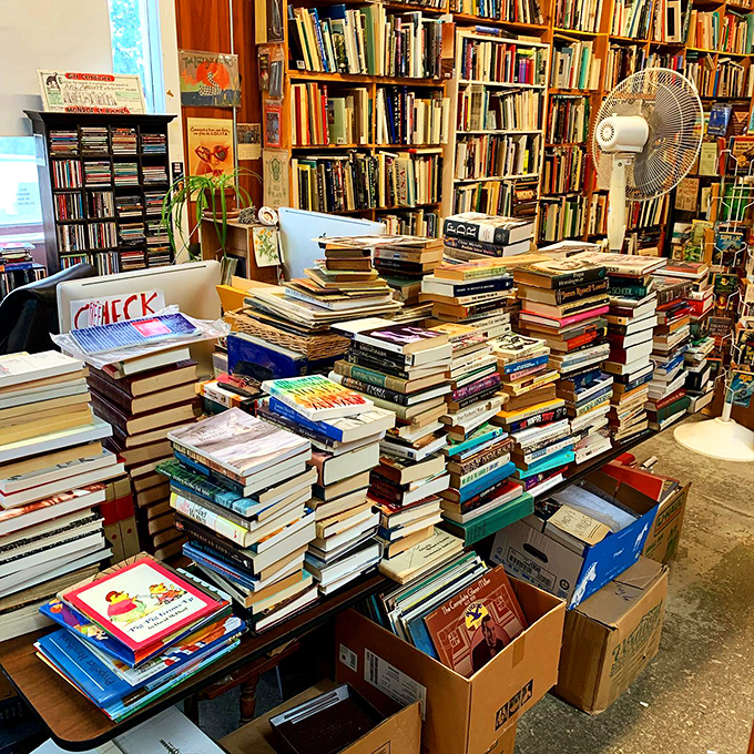 Book Jenga, anyone? This teetering tower of tomes is a testament to the store's endless supply of literary wonders.