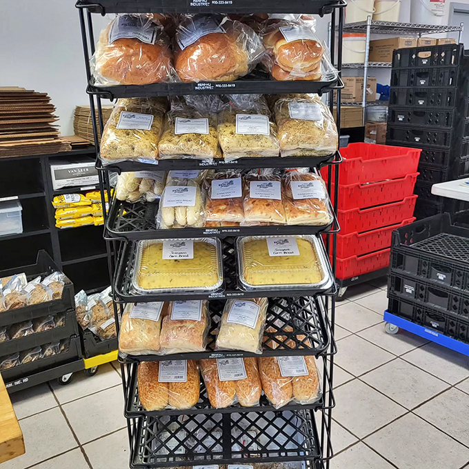 Behold, the tower of temptation! This rack of baked goods is a carb-loaded version of King Arthur's round table.