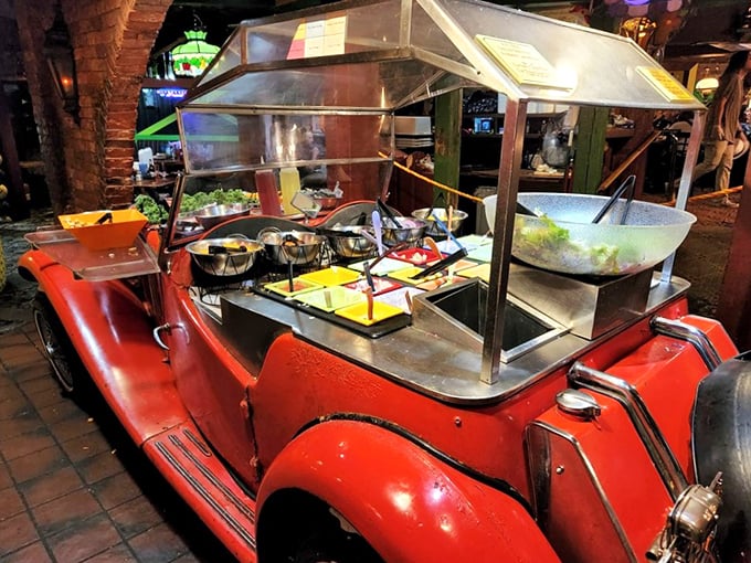 Hop in this vintage car for a trip to flavor town! This quirky salad bar puts the "auto" in "automobile buffet."