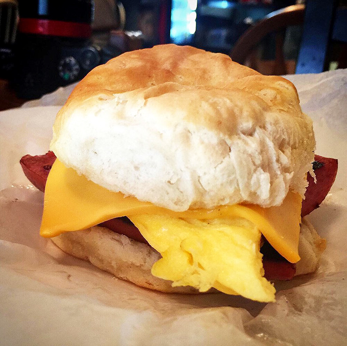 A biscuit sandwich that's more photogenic than most Instagram influencers. Cheese drip game: strong.