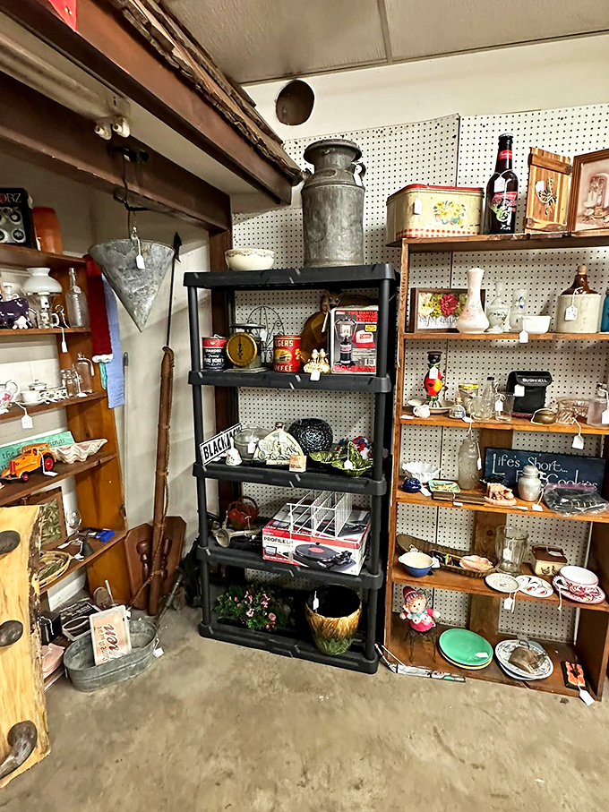 Knick-knack paddy whack, give a dog a... vintage milk jug? This shelf is a smorgasbord of curiosities that would make any mantlepiece proud.