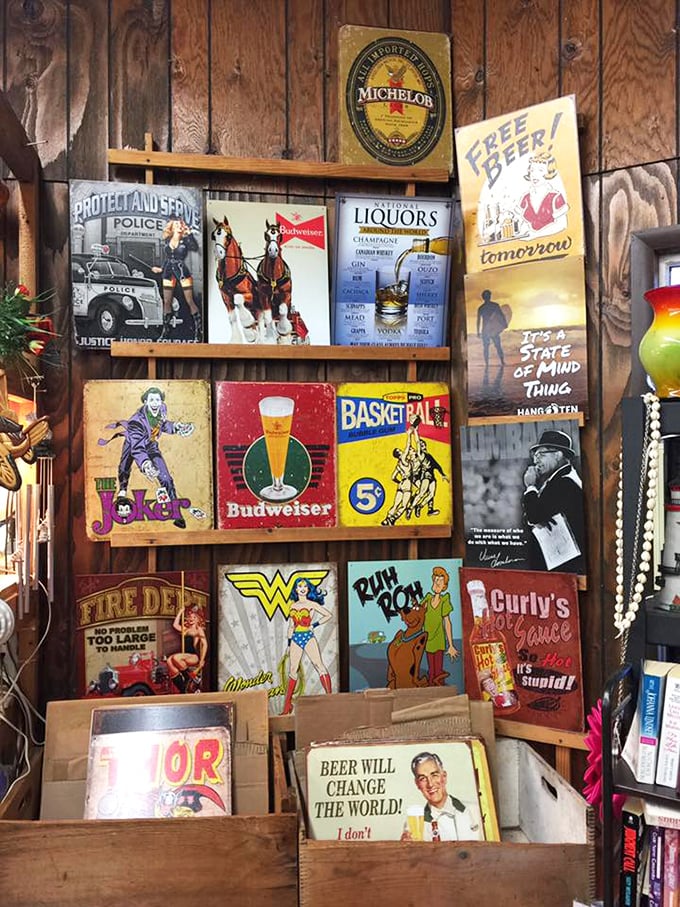 Wall of whimsy! These tin signs are a pop culture time capsule, perfect for your man cave or ironic hipster caf&eacute;.