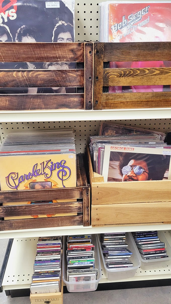 Vinyl records in rustic crates&mdash;because some music just sounds better with a little crackle and the ritual of dropping the needle.