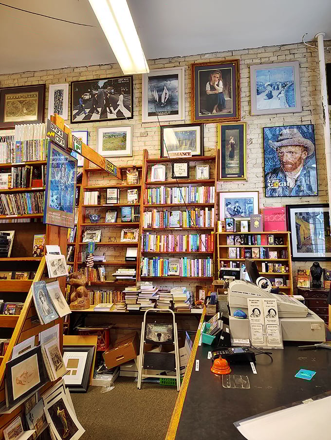 A gallery of literary legends! From The Beatles to Van Gogh, this eclectic wall art adds a touch of whimsy to your book-hunting adventure.