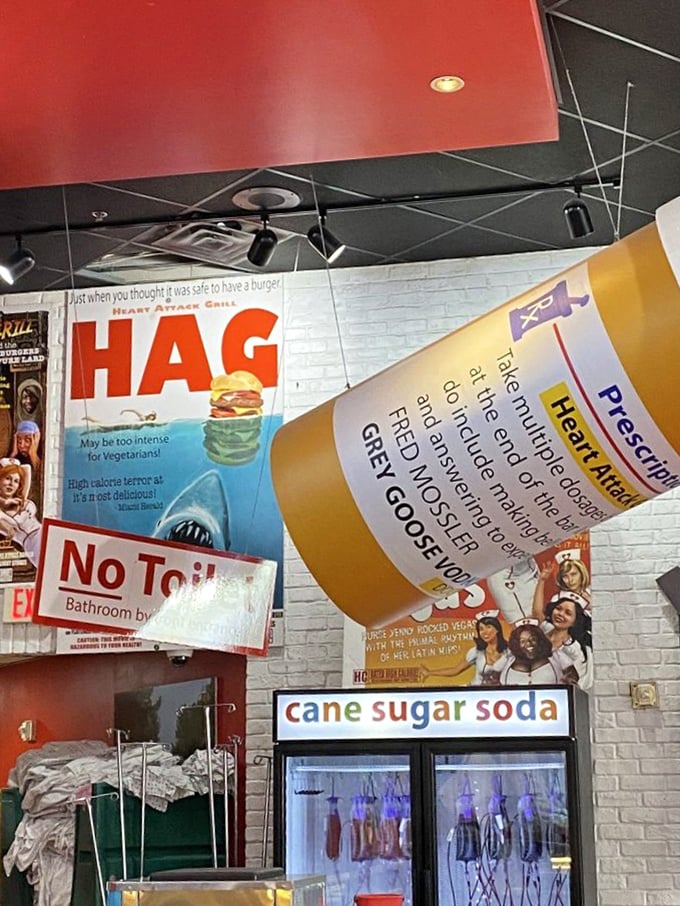 A feast for the eyes and a challenge to the arteries. The decor here is a witty reminder that you're not in your average greasy spoon.