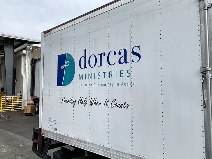Even the delivery truck has a heart of gold. Dorcas Ministries: where your donations become someone else's treasure.