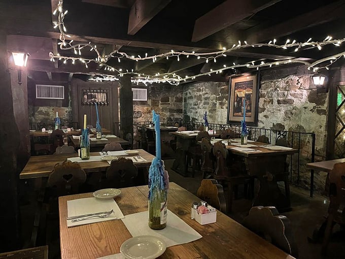 Twinkle lights and rustic charm create a dining room straight out of a fairy tale. Just don't turn into a pumpkin at midnight!