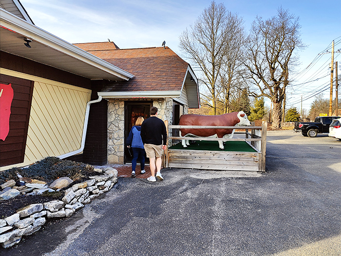 The gateway to gastronomic bliss. Don't mind the cow, he's just the ma&icirc;tre d'.