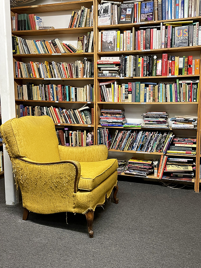 The ultimate book fort! Surrounded by shelves, this chair invites you to hunker down and lose yourself in fictional worlds.