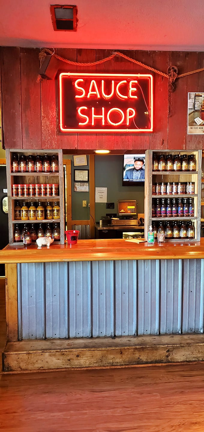 The "Sauce Shop" - where barbecue dreams are bottled. It's like Willy Wonka's factory, but for grown-ups who love flavor.