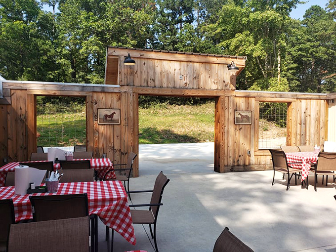 Outdoor dining with a side of charm. These red-checkered tablecloths are practically begging you to sit down and stay awhile.
