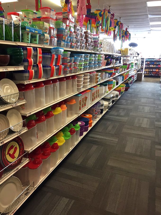 Storage container heaven stretching toward fluorescent skies. The plastic rainbow promises organization for Alaskans with cabin-fever-induced clutter.