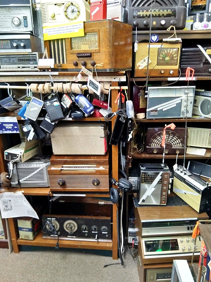 Calling all audiophiles! This vintage radio display is a symphony of dials, knobs, and nostalgia. Can you hear Elvis crooning through the static?