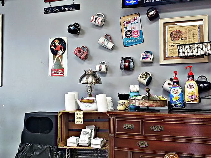 Wall art that speaks to the soul – and the stomach. It's like a museum of nostalgia, with a side of coffee.