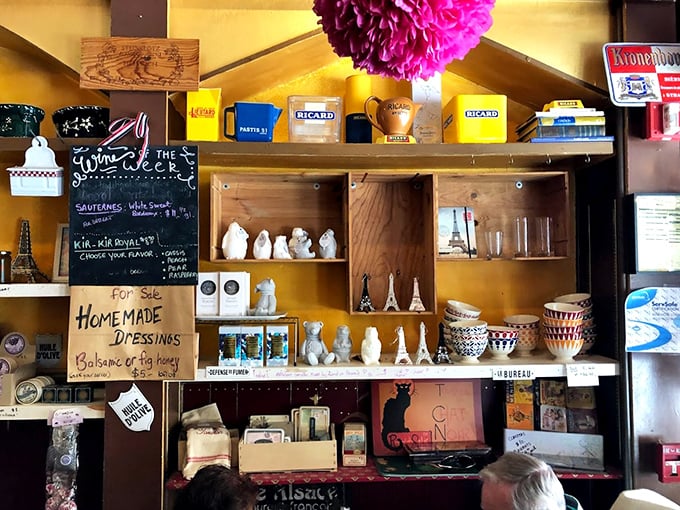 A wall that's part general store, part French country kitchen. It's like your quirky aunt's house, but with better food.