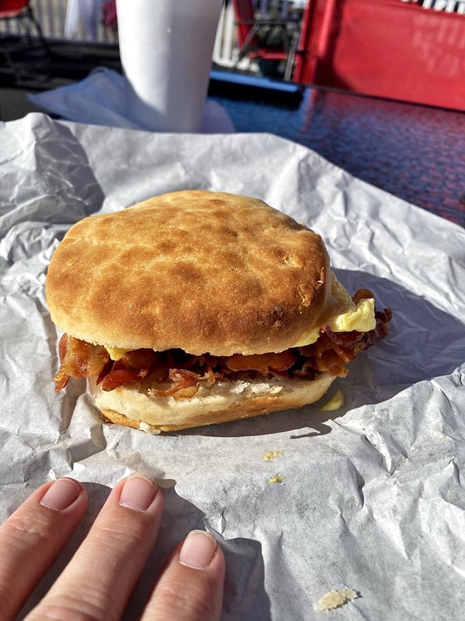 Breakfast sandwich perfection! This bacon, egg, and cheese biscuit is the holy trinity of morning meals, wrapped up in a handheld package of joy.