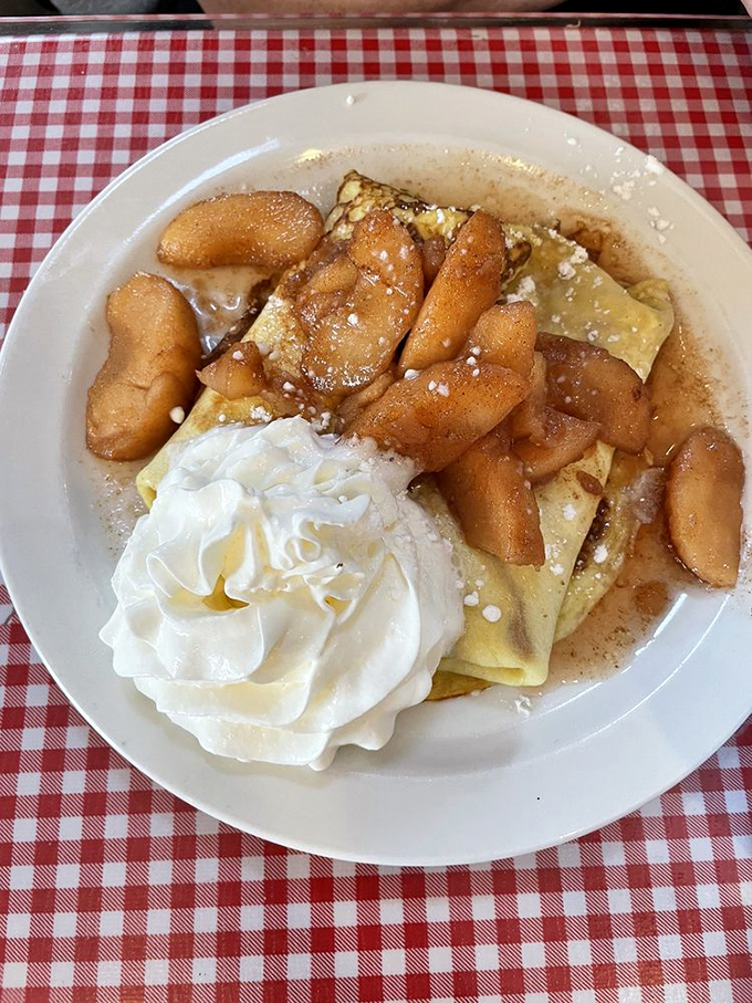 Sweet meets savory in perfect harmony. These delicate crepes, adorned with baked apples, are a French-inspired delight with a touch of New England charm.