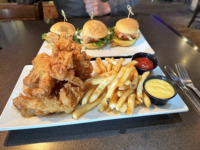 Sliders and tenders and fries, oh my! This plate is like a greatest hits album of pub grub &ndash; every bite's a chart-topper.