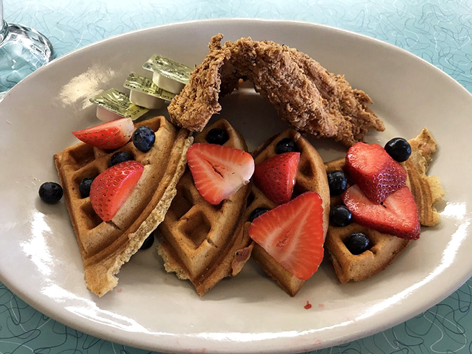 Chicken and waffles: The ultimate breakfast identity crisis. Is it savory? Is it sweet? Who cares when it tastes this good!