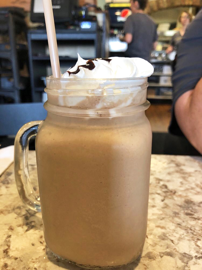 Milkshake or work of art? This mason jar of creamy goodness is topped with a cloud of whipped cream that would make even the toughest weather forecaster smile.