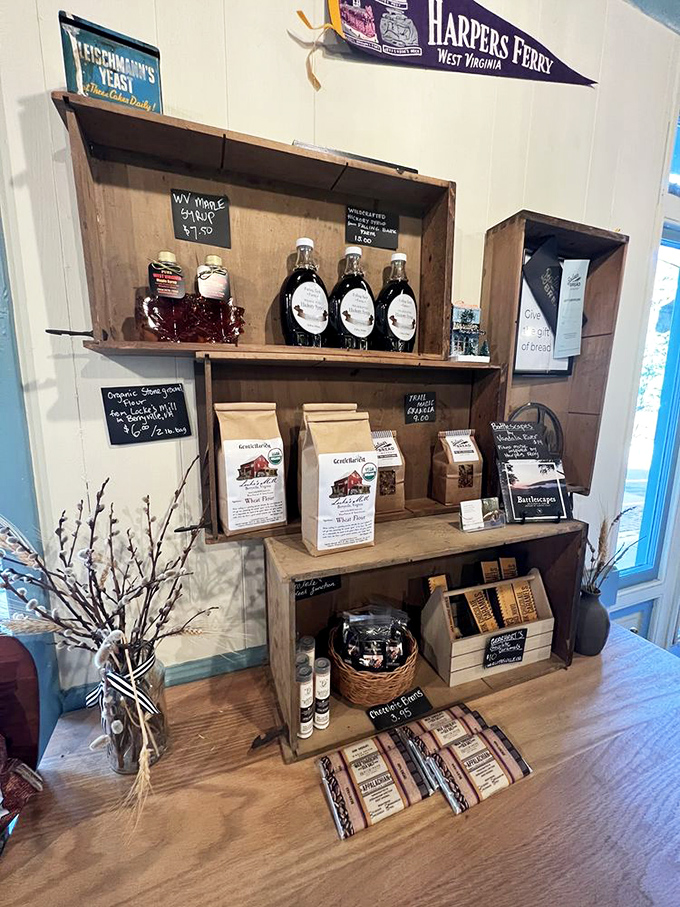 Local flavor on display! This corner is like a mini West Virginia gift shop, complete with maple syrup and Harpers Ferry pride.