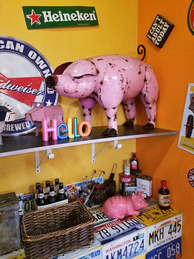 Pig out on the decor! JD's quirky decorations are like a treasure hunt for your eyes. Can you spot the pink porker saying "Hello"?