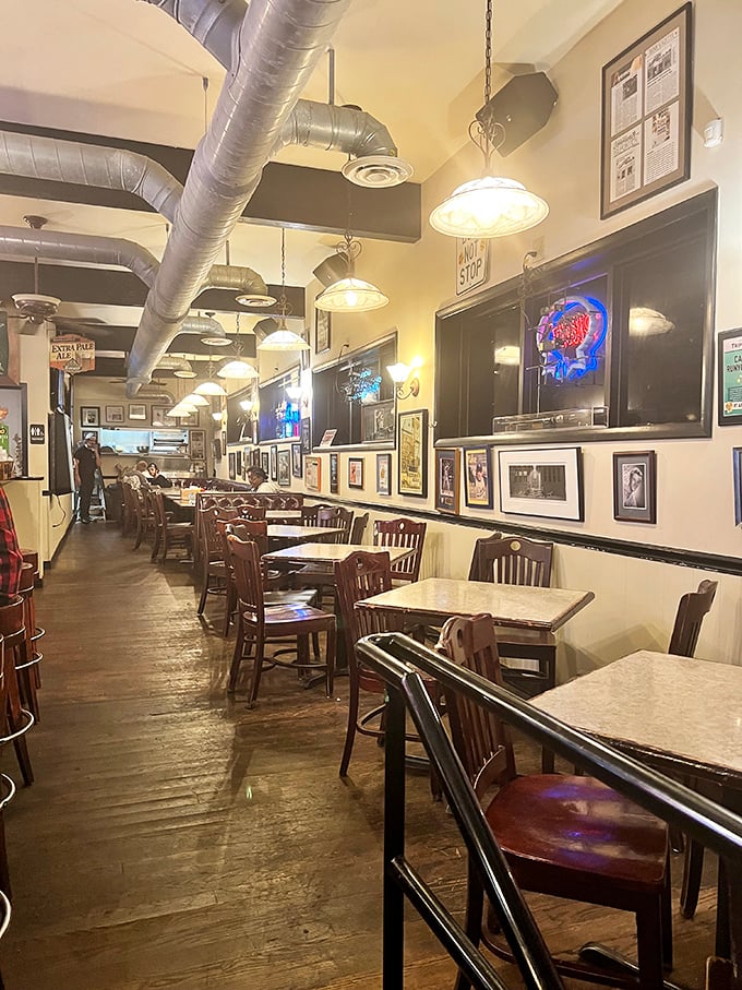 Cozy corners and neon signs - The Nook's dining area feels like a warm hug from your favorite greasy spoon.