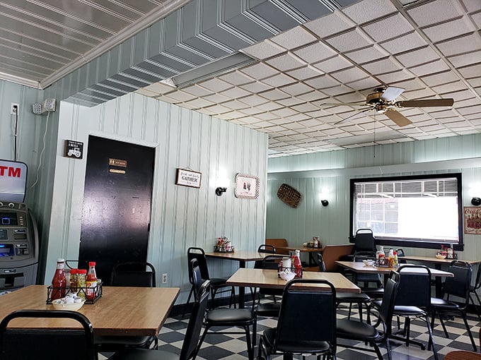 Retro chic meets down-home comfort. This dining area is serving up nostalgia with a side of "please seat yourself".