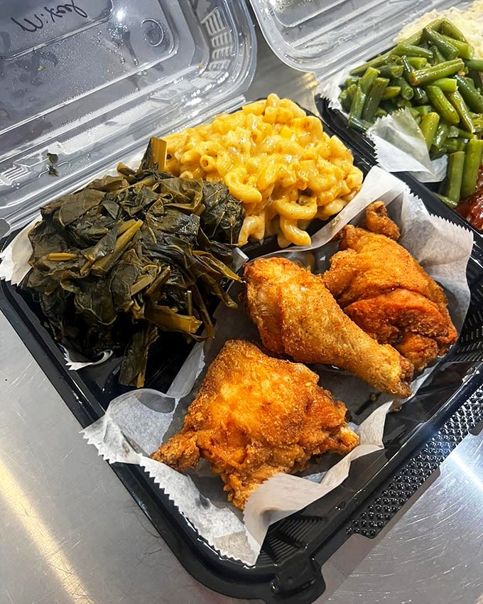 Finger-lickin' fantastic! This fried chicken platter is crunchier than your favorite breakfast cereal, with sides that'll make you weak in the knees.