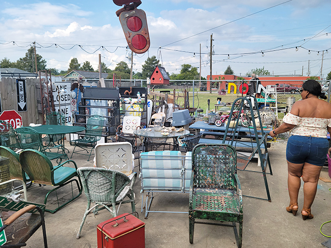 Take a seat in the past! This outdoor furniture display is like a time machine to every backyard barbecue you've ever attended.