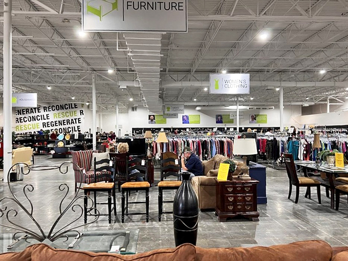 The store's thoughtful organization makes treasure hunting less daunting, with clear signage guiding you from furniture forests to clothing canyons.