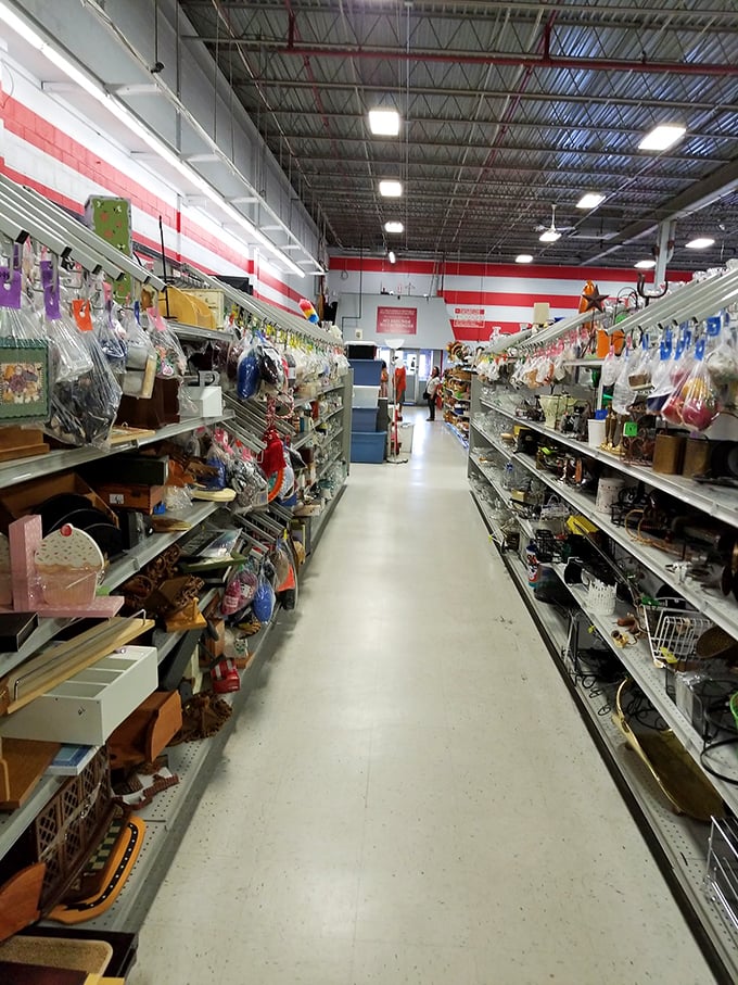 Aisle after aisle of possibility! This thrift store canyon promises treasures for those brave enough to explore its depths.