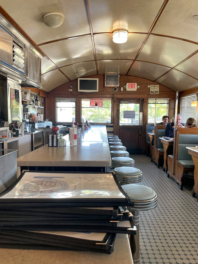 Gleaming surfaces and cozy booths: The diner's interior is shinier than a '57 Chevy fresh off the lot.