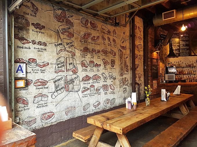 The meat diagram wall&mdash;part art, part education, all inspiration. It's like a butcher's Sistine Chapel with picnic tables.