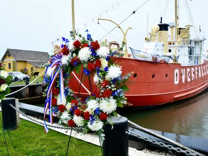The Overfalls dressed in patriotic blooms demonstrates Lewes's deep maritime pride. This floating museum celebrates the town's connection to the sea through generations.