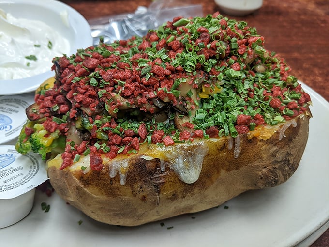 Spud-tacular! This loaded baked potato is dressed up fancier than a debutante at a county fair. It's a meal in itself!