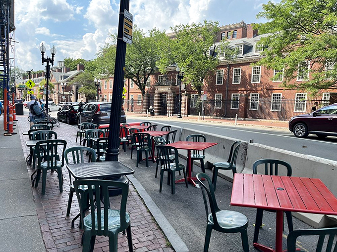 Al fresco dining, Cambridge style. These outdoor tables offer prime people-watching with a side of fresh air and freedom fries.